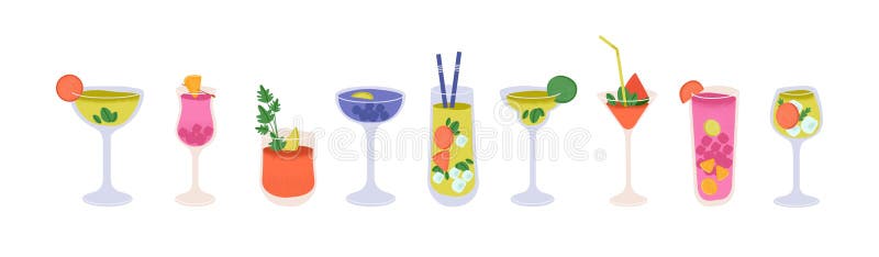 Different Alcoholic Drinks Set. Various Cocktails with Gin, Whiskey ...