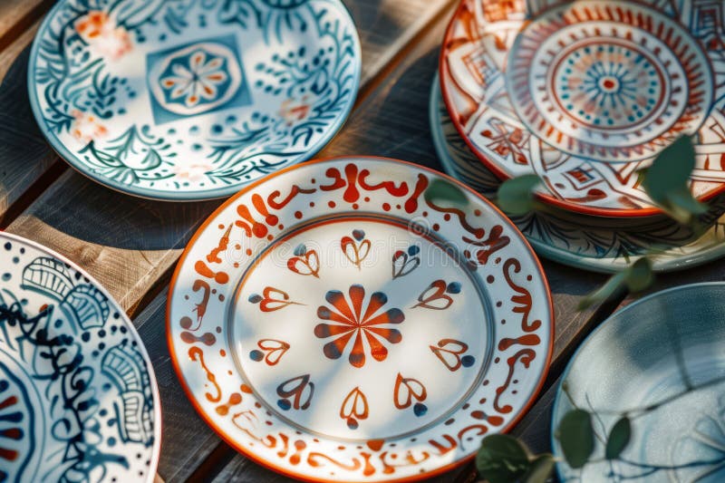 Different Antique Vintage Multicolored Empty Ceramic Plates. Generative ...