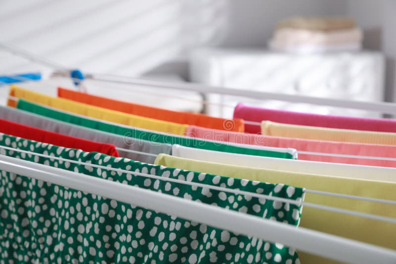 Different Apparel Drying on Clothes Airer Indoors, Closeup Stock Image ...