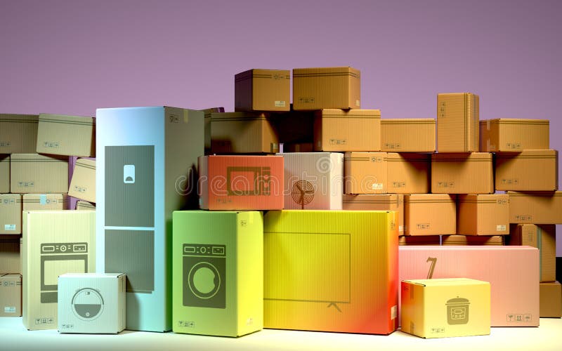 Different Appliance Boxes Set on Ground Concept of Online Ordering 3d ...