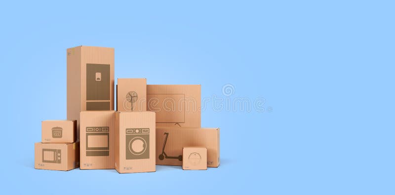 Different Appliance Boxes Set on Ground 3d Illustration on Color ...