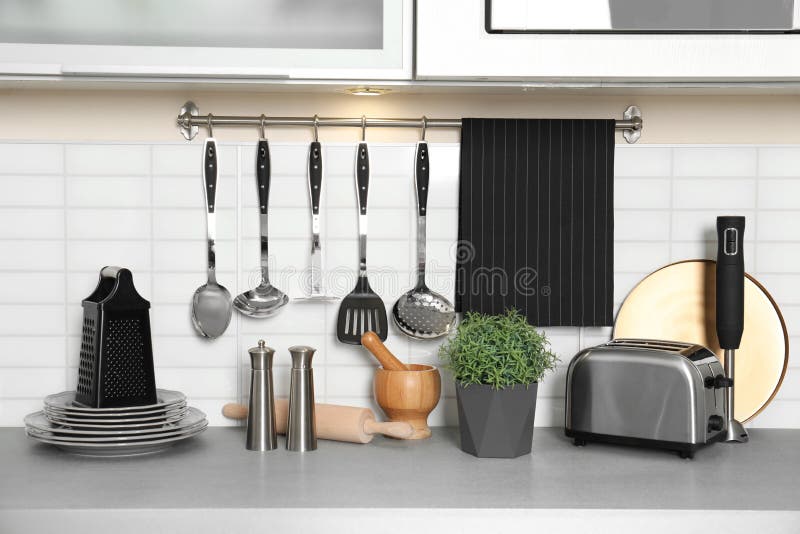 Different Appliances, Clean Dishes and Utensils Stock Photo - Image of ...
