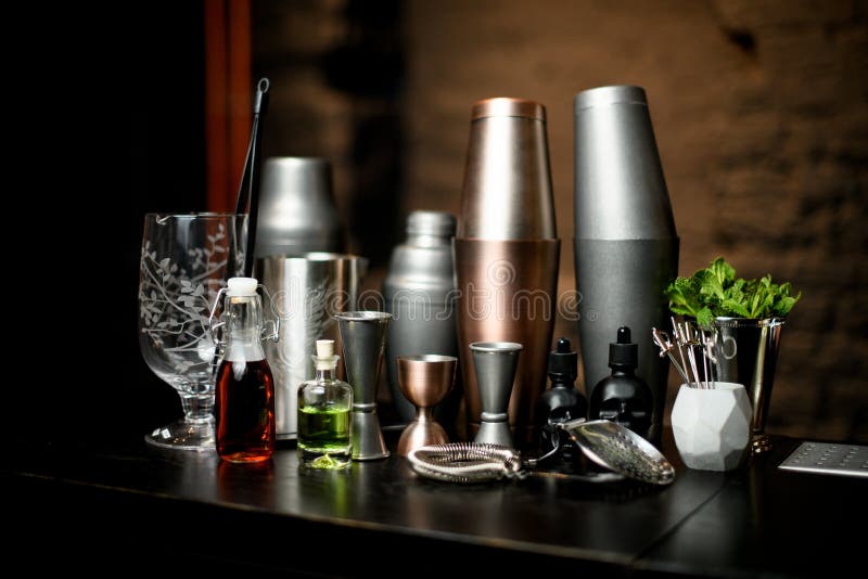 Different Bar Equipment and Tools Stand on Bar Counter Stock Image ...