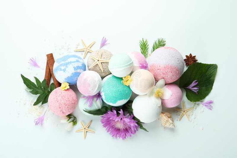 Different Bath Balls on White Background, Top View Stock Image - Image ...