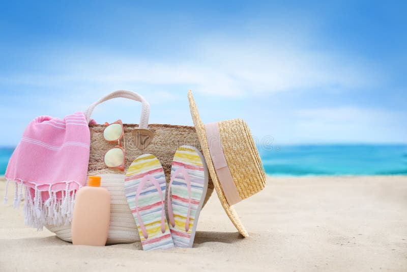 Different Beach Objects on Sand Near Sea Stock Photo - Image of ...