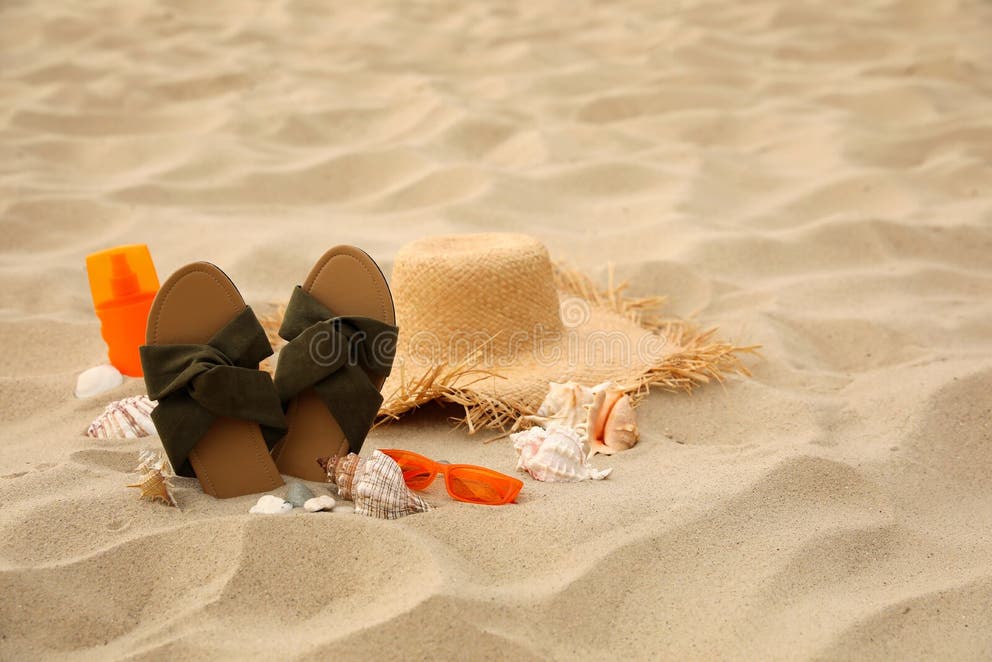 Different Beach Objects on Sand, Space for Text Stock Image - Image of ...
