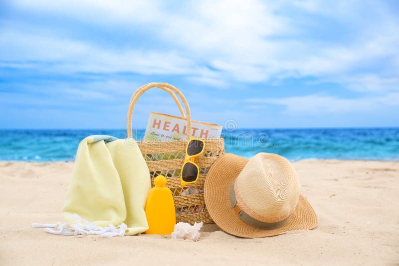 Different Beach Objects and Seashell on Sand Near Sea Stock Photo ...