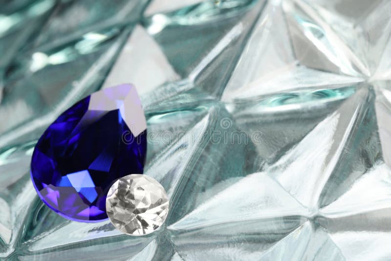 Different Beautiful Gemstones for Jewelry on Mirror Surface, Space for ...