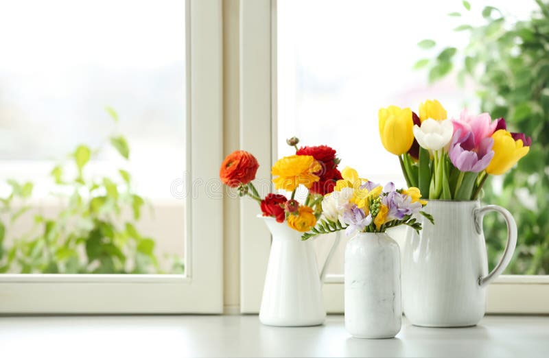 Different Beautiful Spring Flowers on Window Sill. Space for Text Stock ...