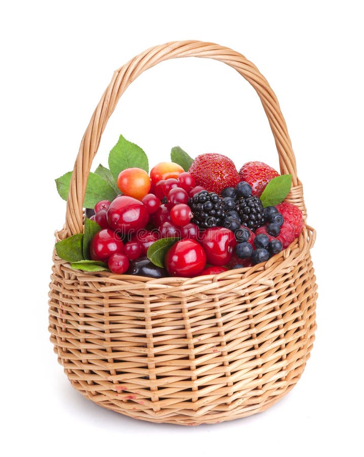 Fresh Berries in Wicker Basket Isolated on Multicolor Background Stock ...