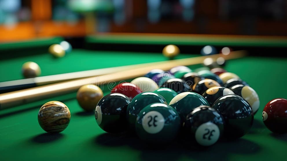 Different Billiard Balls with Cue and Rack on Green Table. Gener Stock ...