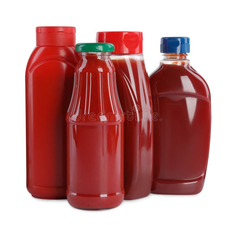 Different Bottles of Ketchup on White Background Stock Image - Image of ...