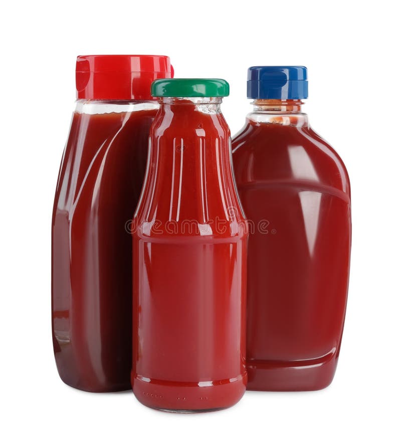 Different Bottles of Ketchup on White Background Stock Photo - Image of ...