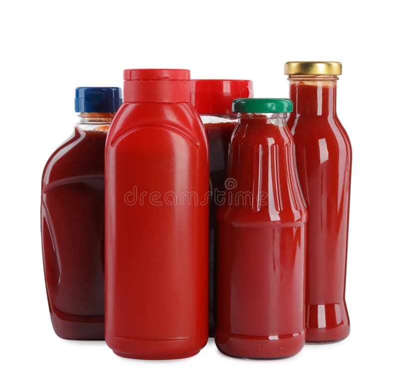 Different Bottles of Ketchup on White Background Stock Image - Image of ...