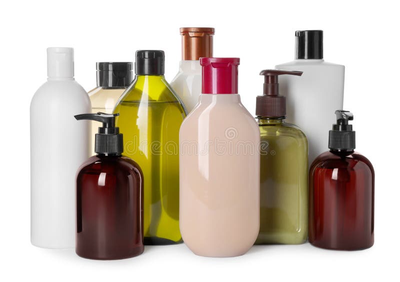 Different Bottles of Shampoo on White Background Stock Image - Image of ...