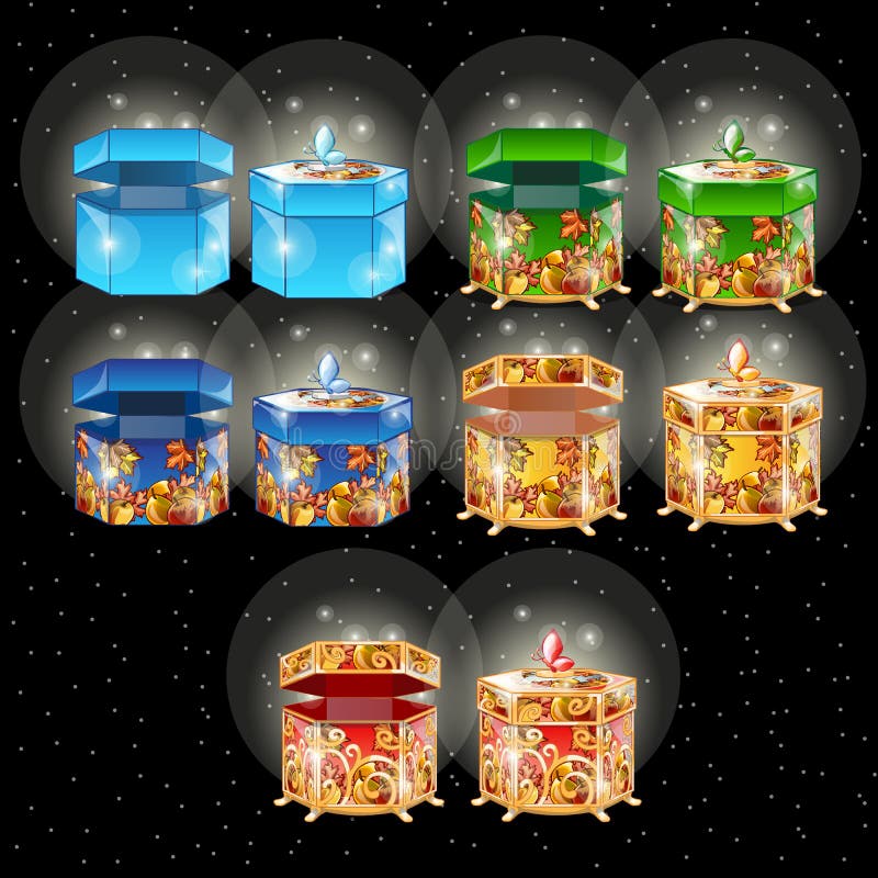 Different Box with Leaves and Fruit Pattern Stock Vector - Illustration ...