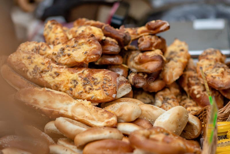 Different Bread Products on a Table in the Store. Stock Image - Image ...