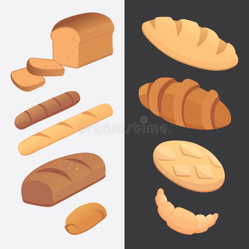 Different Breads and Bakery Products Vector Illustrations. Buns for Breakfast. Set Bake Food and ...