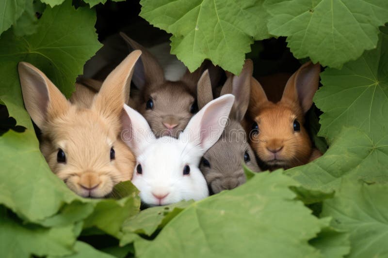 Different Breeds of Rabbits Huddled Together Under a Big Leaf Stock ...
