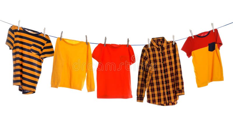 Different Bright Clothes Drying on Washing Line Against White ...