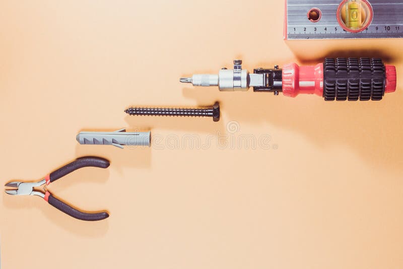 Different Building Instruments on Orange Background. Flat Lay ...