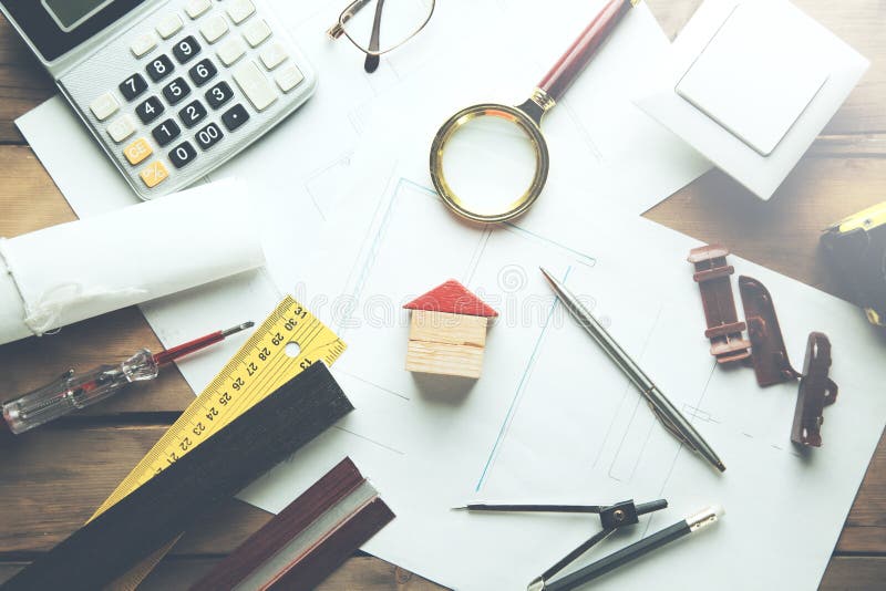 Different Building Tools and Drow on Notepad Stock Image - Image of ...