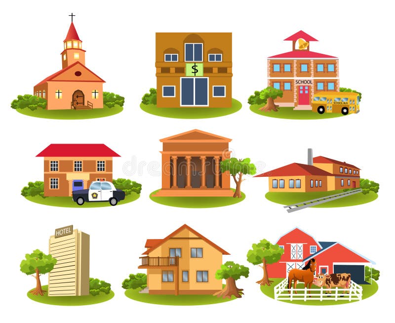 Different Buildings and Places Stock Illustration - Illustration of ...