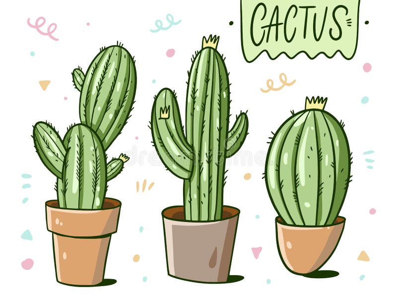 Different of Cactus in a Potted. Cartoon Style. Vector Illustration ...