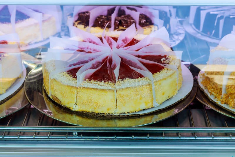 Different Cakes on Display in the Bakery Window Stock Photo - Image of ...