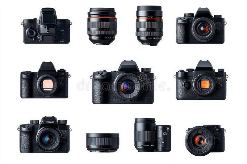 Different Camera Bodies and Lenses Arranged on a White Background ...