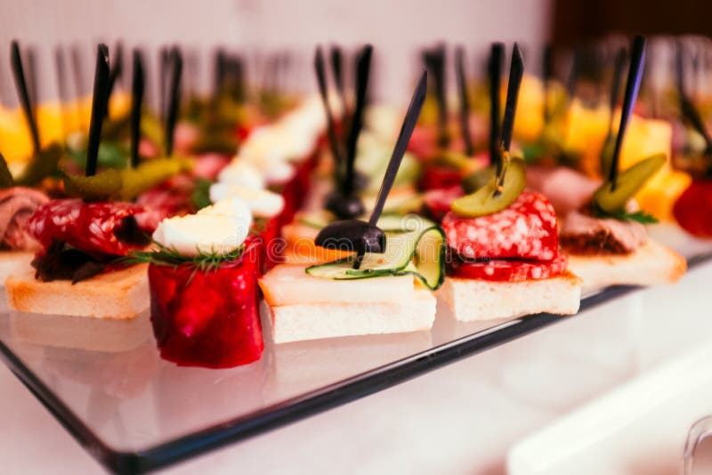 Different Canape with Meat, Cheese and Pickles. Stock Photo - Image of ...