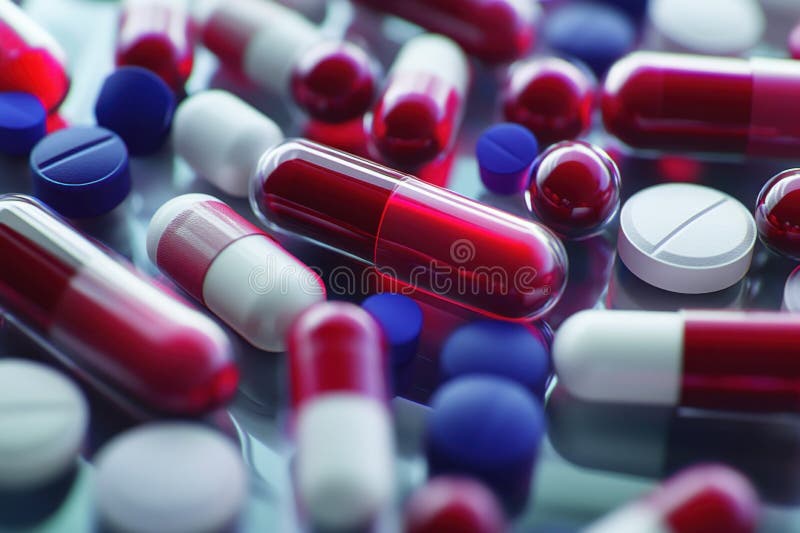 Various Types of Medication Displayed on a Reflective Surface in a ...