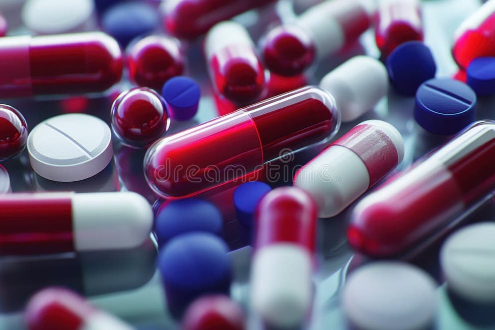 Various Types of Medication Displayed on a Reflective Surface in a ...