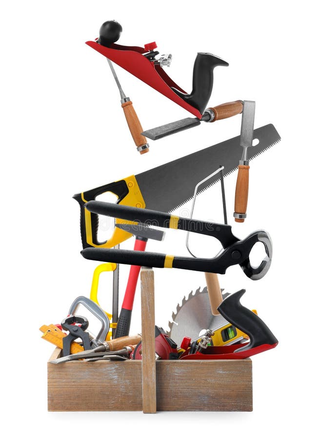 Different Carpenter`s Tools Falling into Wooden Box on White Background ...