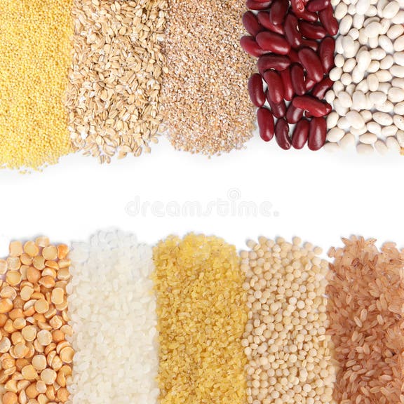 Different Cereal Grains and Beans on White Background, Top View ...