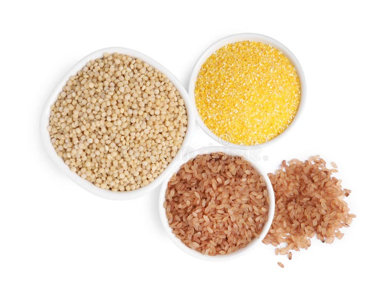 Different Cereal Grains and Cereals Isolated on White, Top View Stock ...