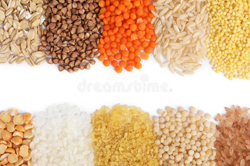 Different Cereal Grains Isolated on White, Top View Stock Photo - Image ...