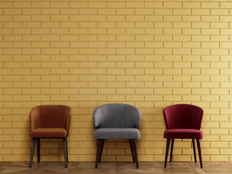 3 Different Chairs in Modern Style Standing in Front of Yellow Brick ...