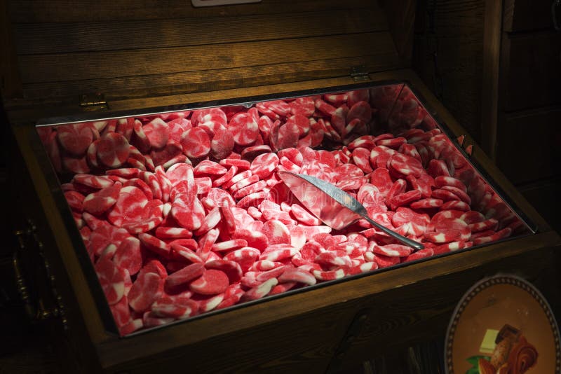 Different Chewing Gum in Wooden Boxes in the Store Stock Image - Image ...