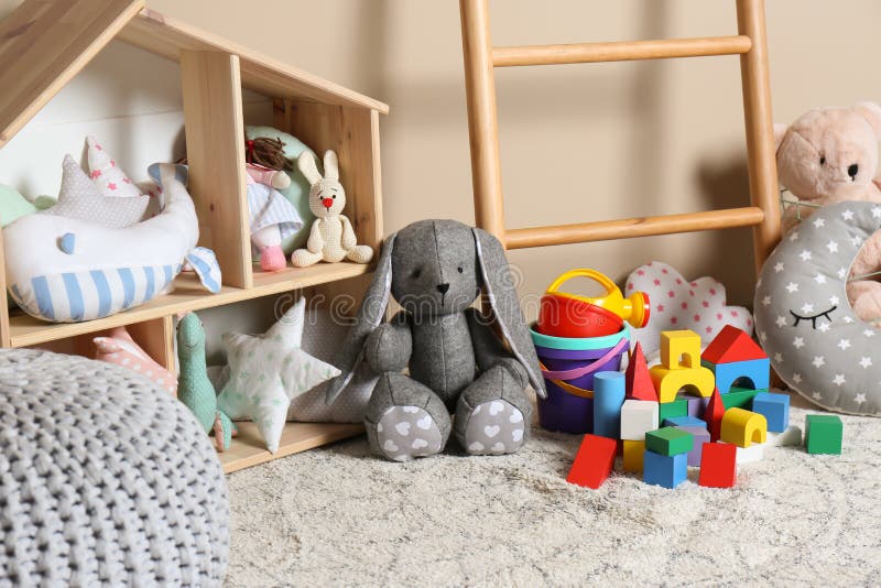 Different Child Toys on Floor Stock Image - Image of cute, home: 140134577