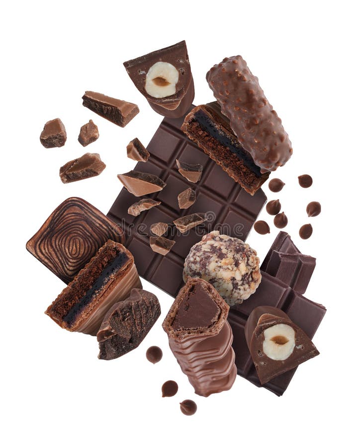 Different Chocolate Products in Air on White Background Stock Photo - Image of white, dessert ...