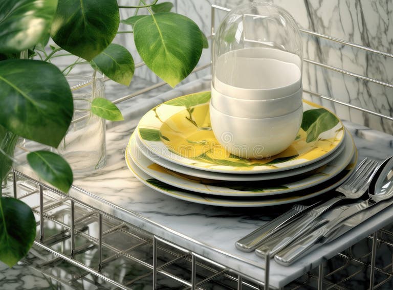 Different Clean Plates in Dish Drying Rack on Kitchen Counter. Created ...