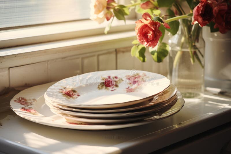 Different Clean Plates on Kitchen Counter. Stacks of Clean Plates on ...