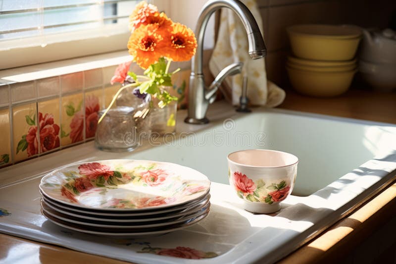 Different Clean Plates on Kitchen Counter. Stacks of Clean Plates on ...