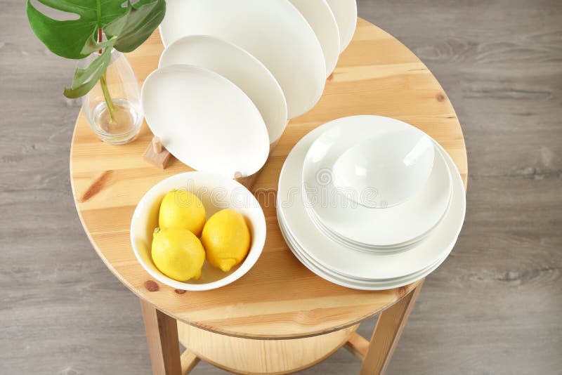 Different Clean Tableware on Wooden Table Stock Photo - Image of ...