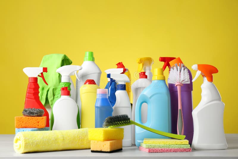 Different Cleaning Products and Supplies on Light Table Stock Image ...