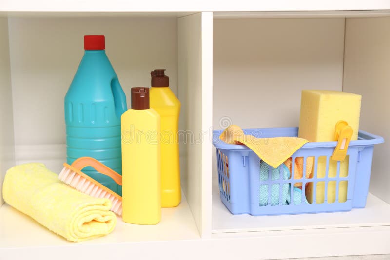 Different Cleaning Supplies and Tools on Shelves Stock Photo - Image of ...