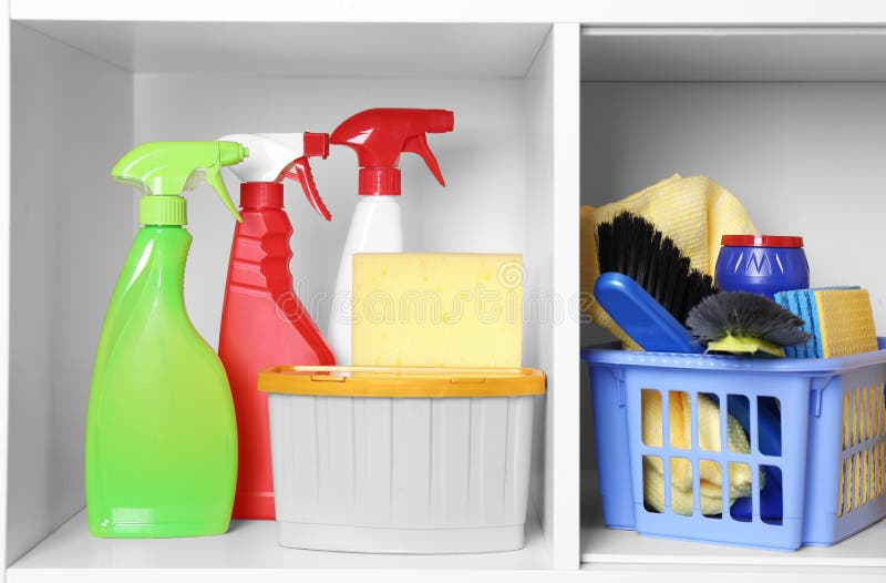 Different Cleaning Supplies and Tools on Shelves Stock Photo - Image of ...