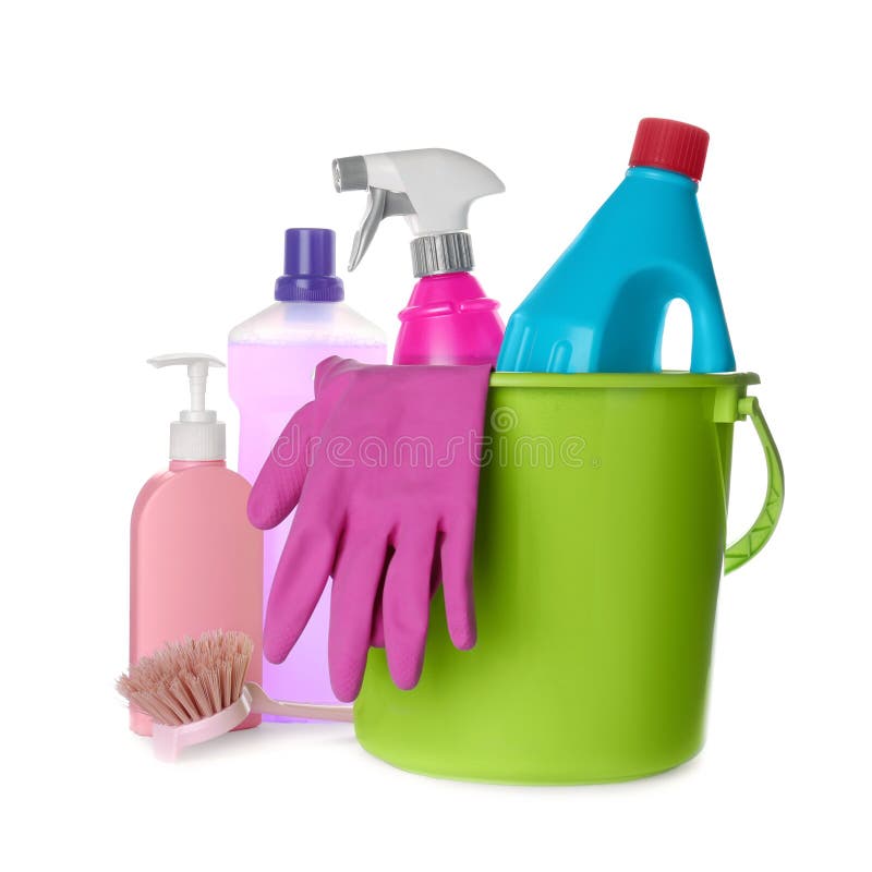 Different Cleaning Supplies and Tools on White Background Stock Image ...