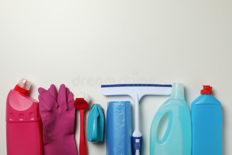 Different Cleaning Tools on White Background, Space for Text Stock ...